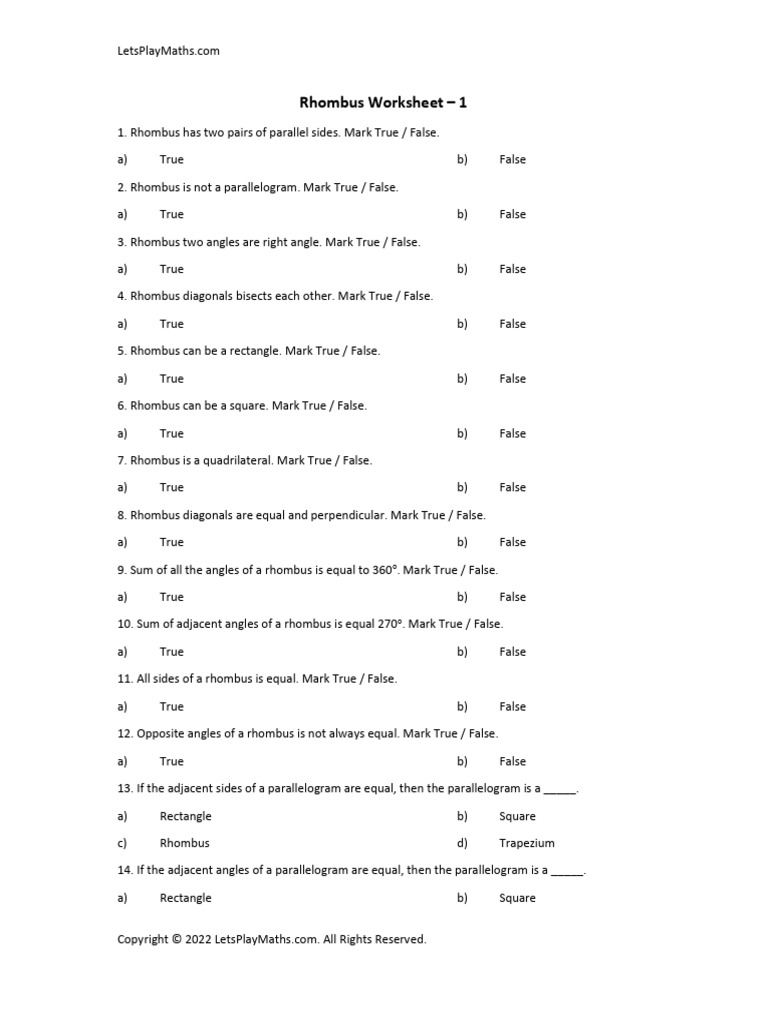 Class 8 Rhombus Worksheet 1 | PDF | Rectangle | Geometry