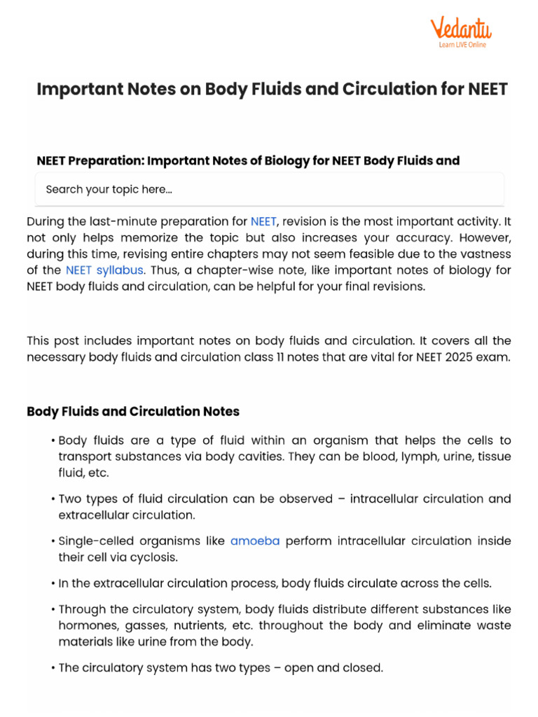 Important Notes On Body Fluids and Circulation For NEET | PDF