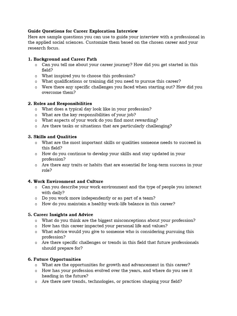Guide Questions For Career Exploration Interview | PDF | Skill ...