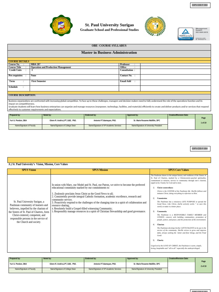 FINAL SPUS GSPS SYLLABUS Operations Management | PDF | Business