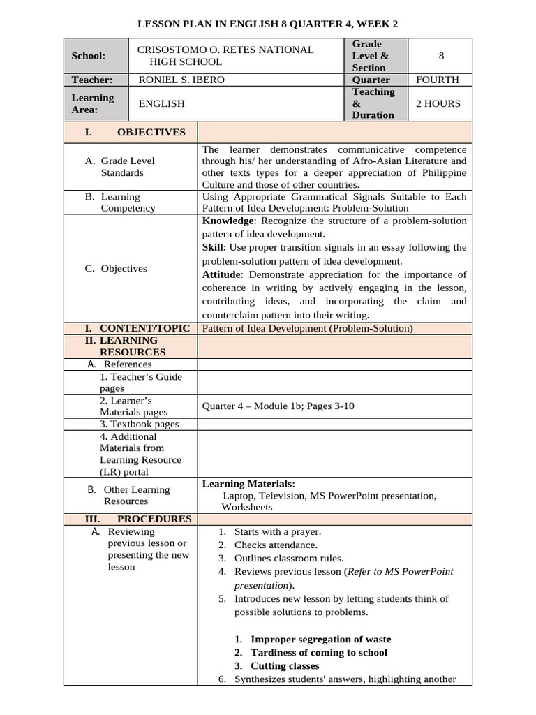 Grade 8 LP (Problem-Solution) | PDF | Cognitive Science | Behavior Modification