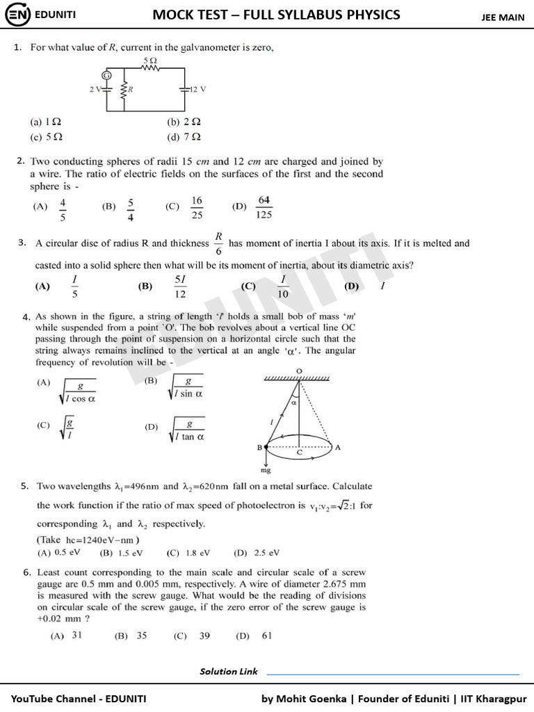 JEE Main Physics Mock Paper - Eduniti | PDF