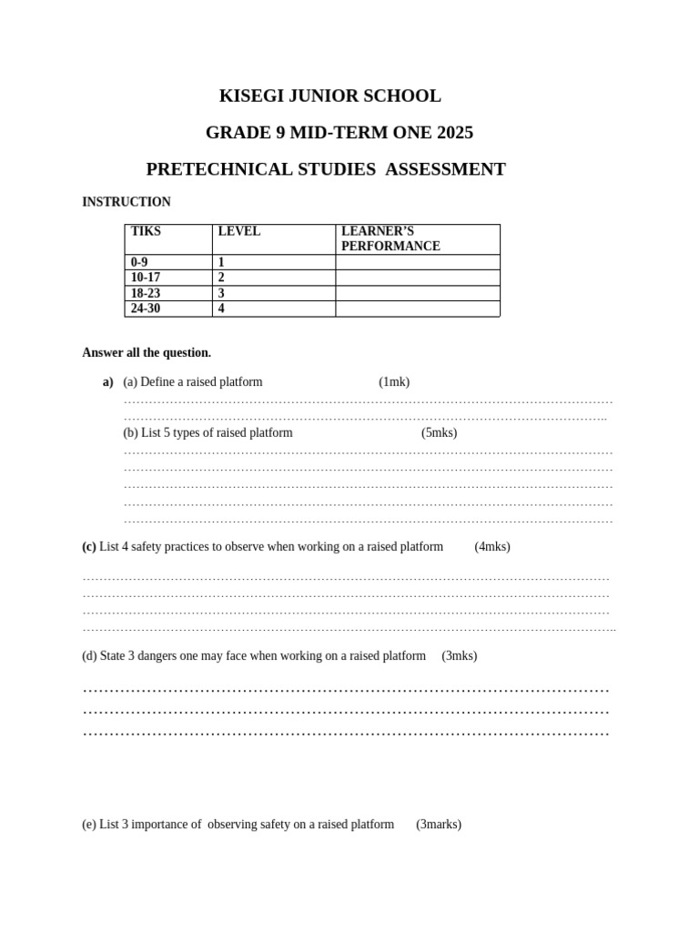 Grade 9 Pretechnical Studies Mid Term One 2025 | PDF | Occupational ...