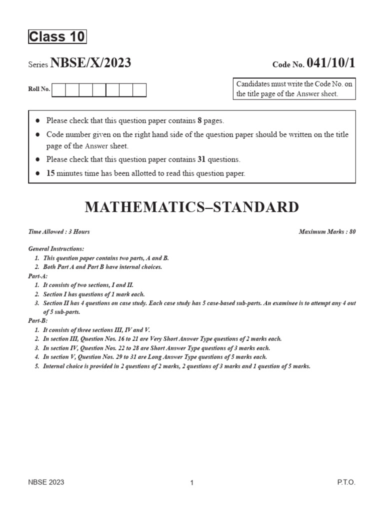 NBSE Question Papers Mathematics (STD) For Class 10 | PDF | Rainbow ...