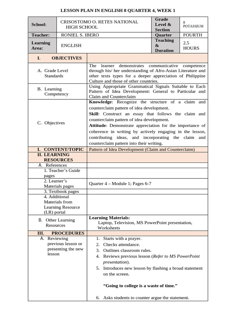 Grade 8 LP (Claim and Counterclaim) | PDF | Learning | Homework