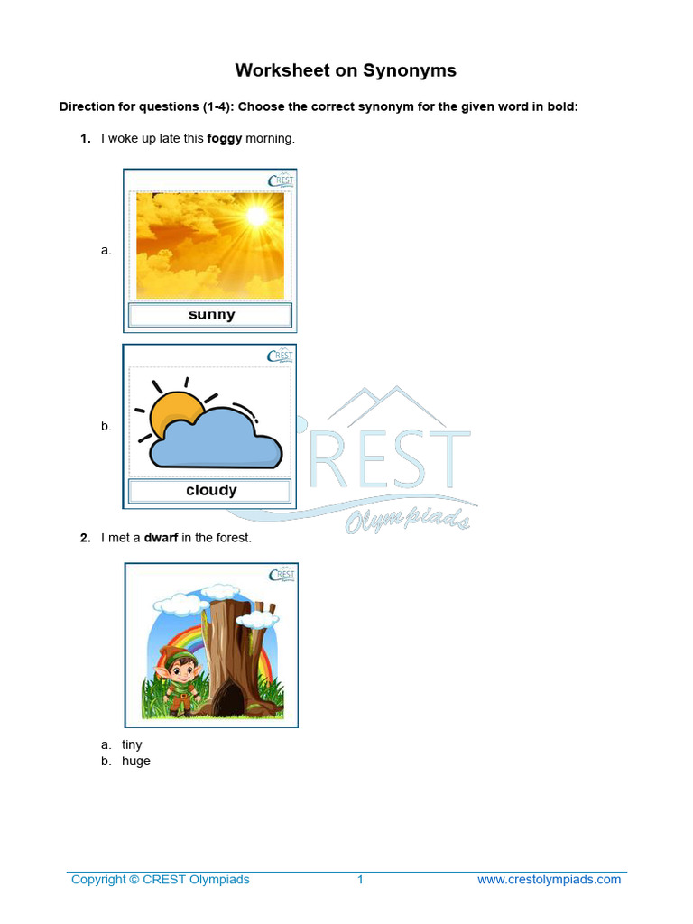 Class Kg Synonyms Worksheet Split | PDF