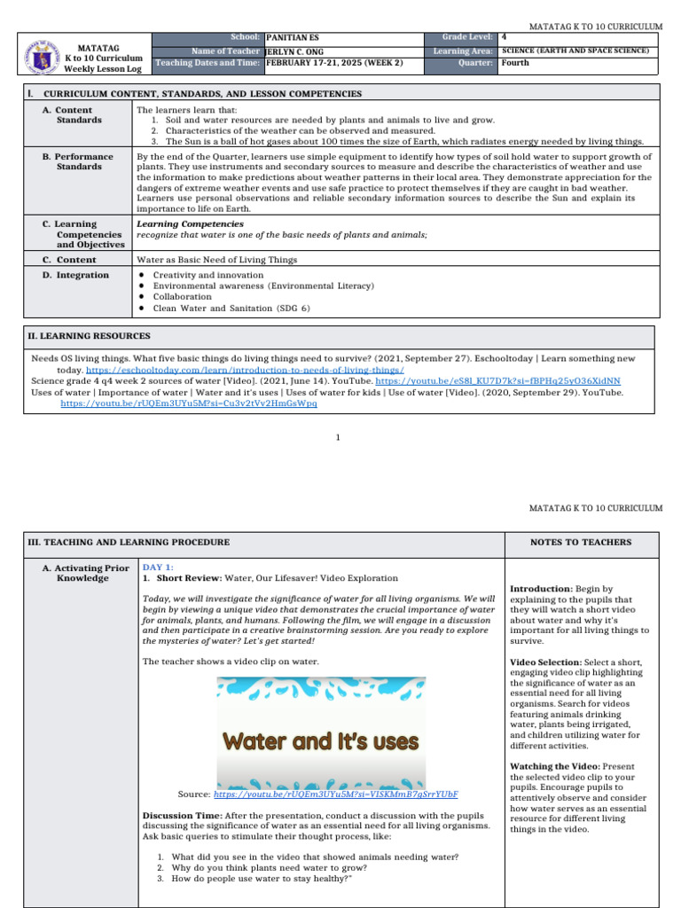 Grade 4 Science: Water's Role in Life | PDF | Curriculum | Learning