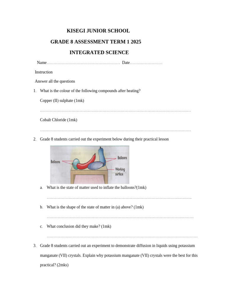 Grade 8 Integrated Science Exam Term 1 | PDF | Hydrogen Peroxide | Atoms