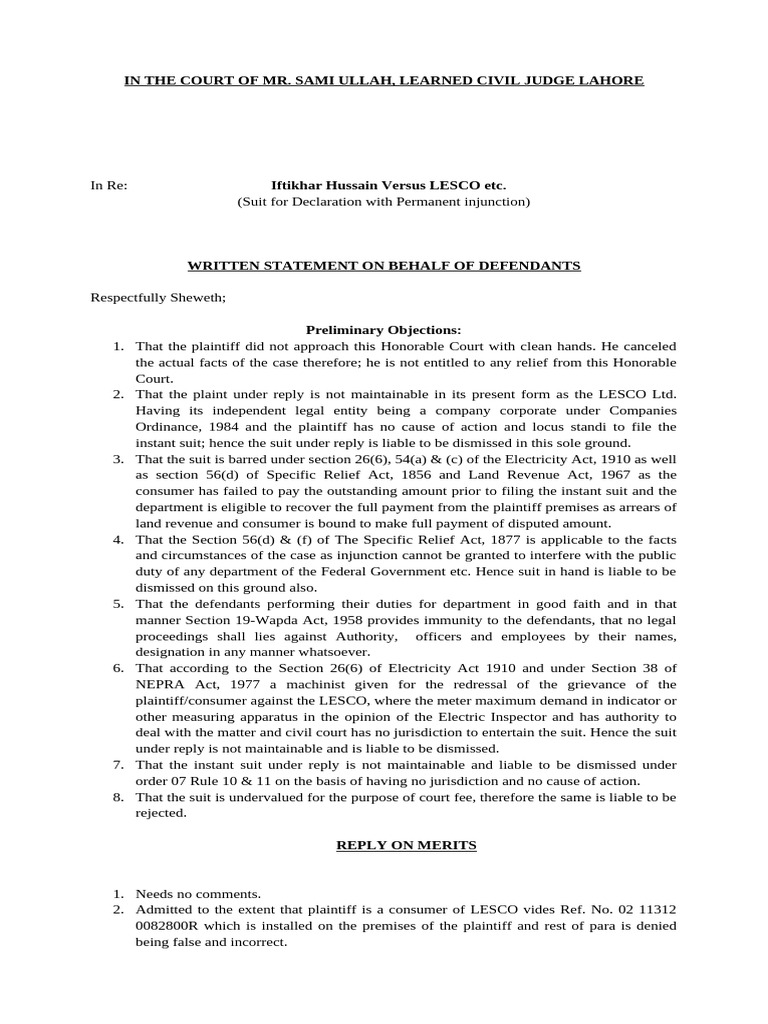 Muhammad Dil Shad Haider Versus Lesco Reply | PDF | Lawsuit | Cause Of Action