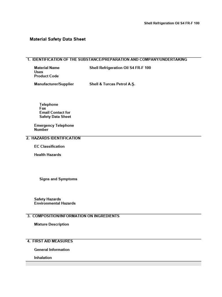 Shell Refrigeration Oil S4 FR-F 100 MSDS | PDF | Toxicity | Personal ...