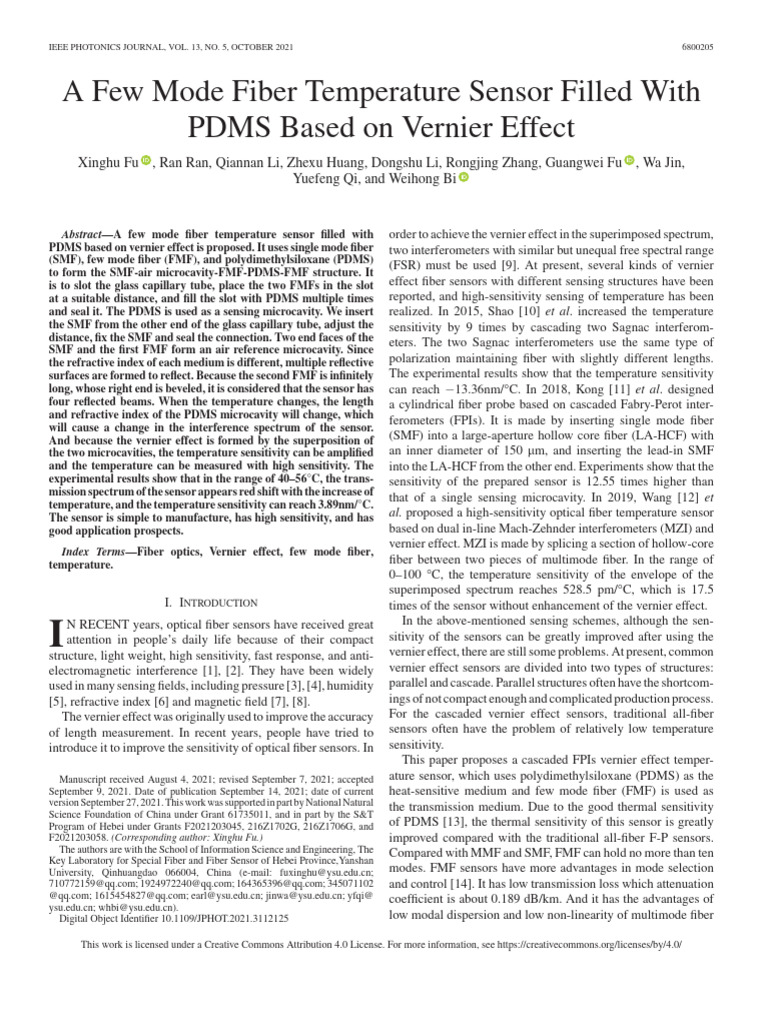 A Few Mode Fiber Temperature Sensor Filled With PDMS Based On Vernier Effect | PDF | Optical ...