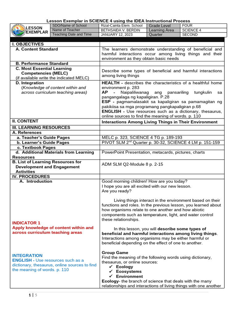 Interactions Among Living Things in Science 4 | PDF | Learning | Predation