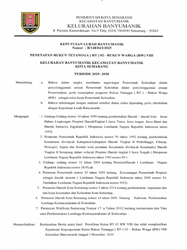 SK Lurah Banyumanik | PDF