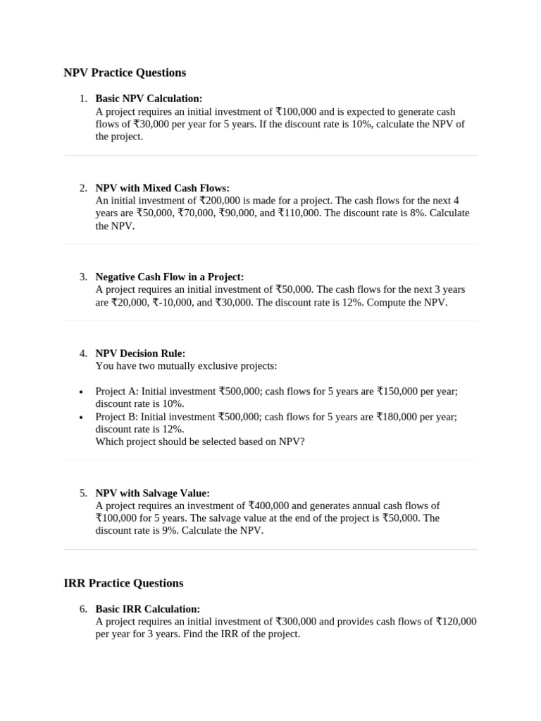 NPV and IRR Practice Questions | PDF