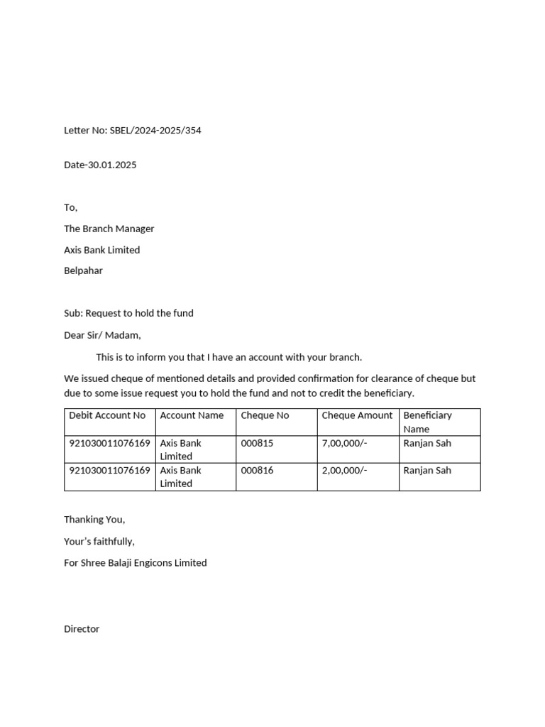 Fund Hold and Release Request Letter | PDF | Cheque | Money