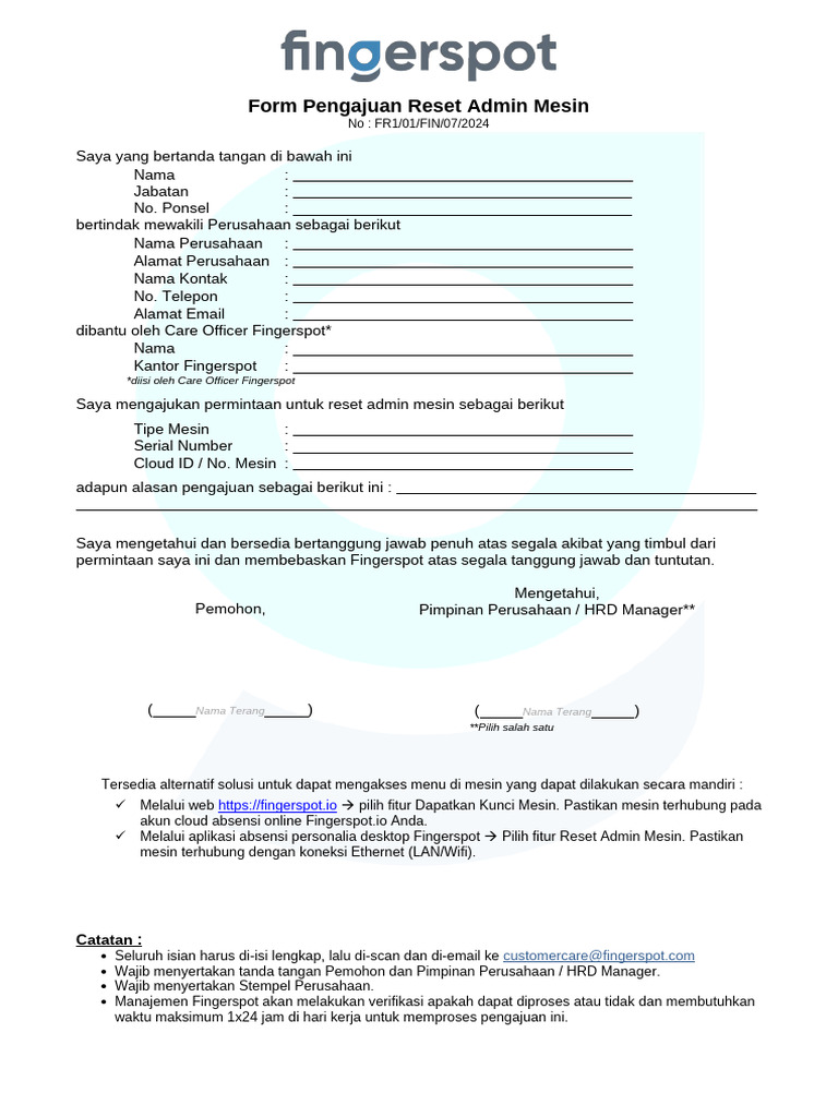 Formulir Reset Admin Mesin Fingerspot | PDF