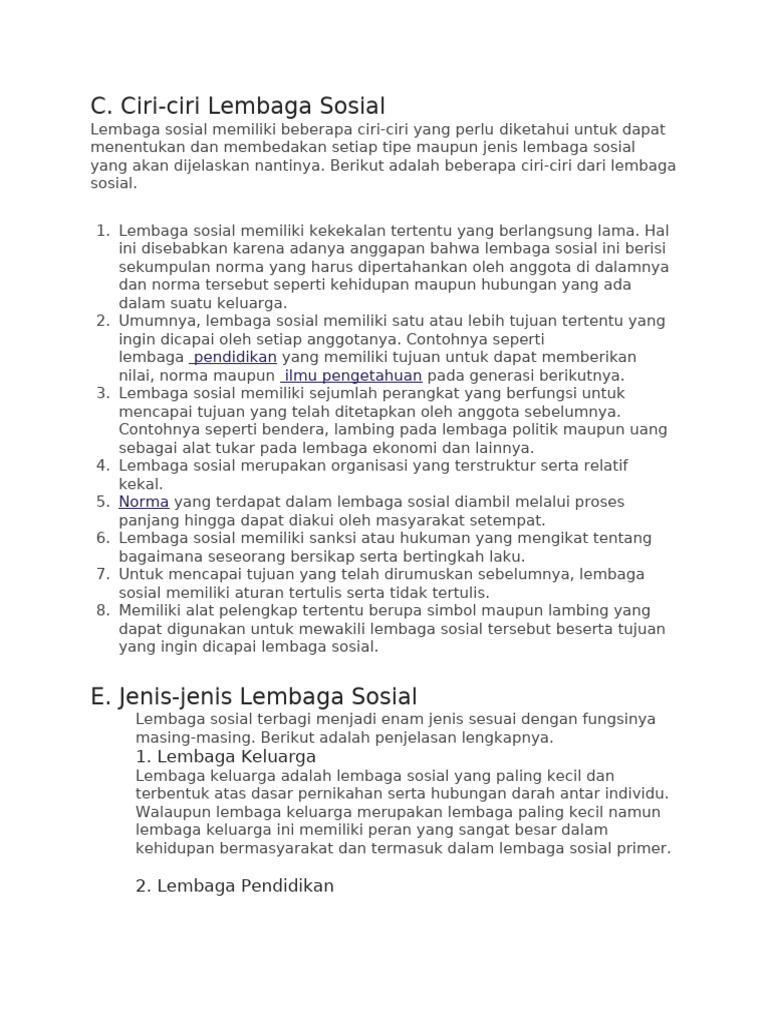 Ciri Dan Jenis Sosial Lembaga | PDF