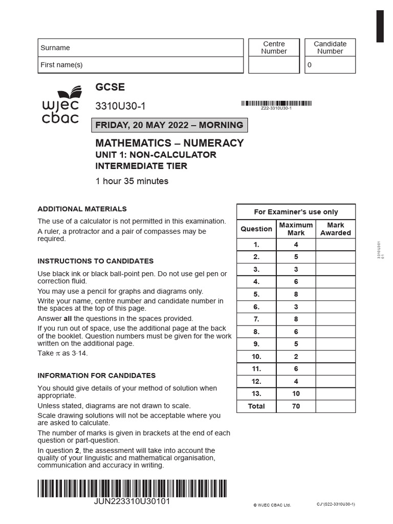 WJEC-GCSE-Maths-Numeracy-Intermediate-Paper-1-June-2022-QP | PDF
