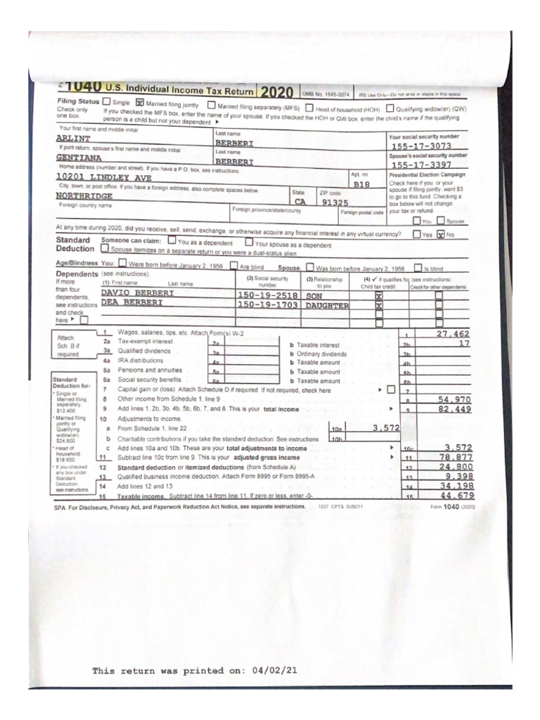 Return 2020 OMB No. 1545-0074 | PDF