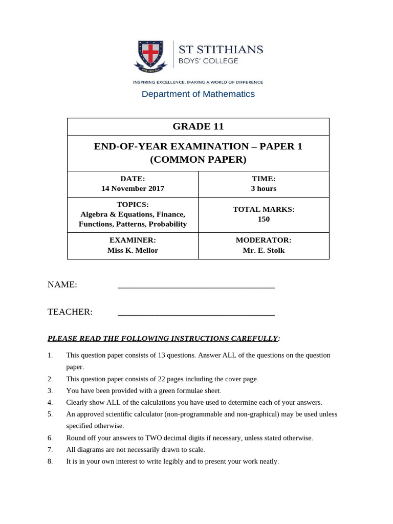 Gr11 Paper 1 Nov 2017 Final | PDF | Interest | Cartesian Coordinate System