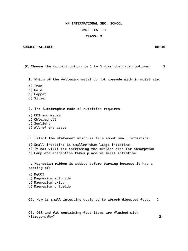 KM International Sec. School Unit Test - 1 Class-X Subject-Science Mm ...