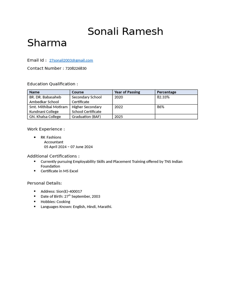 Resume-Sonali Ramesh Sharma | PDF