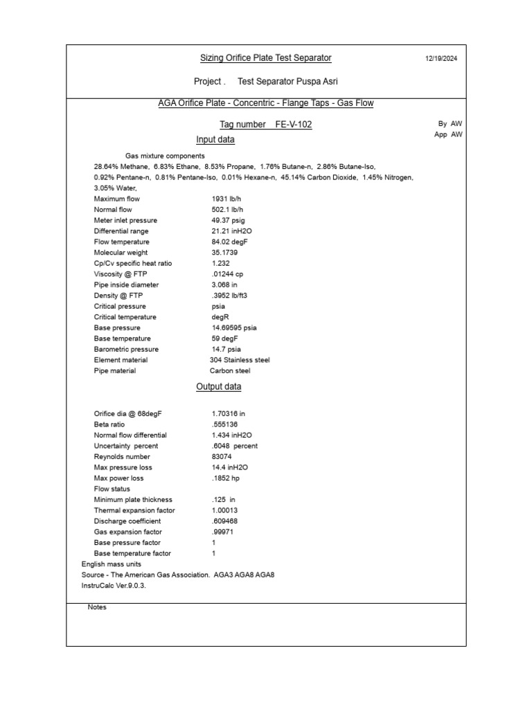 Sizing Test Separator Orifice Puspa Asri | PDF