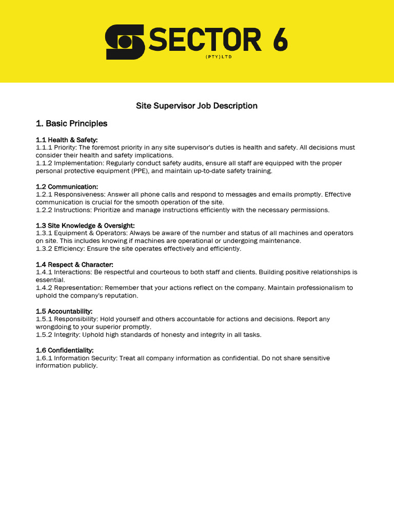 S6 Site Supervisor Job Description | PDF | Occupational Safety And ...