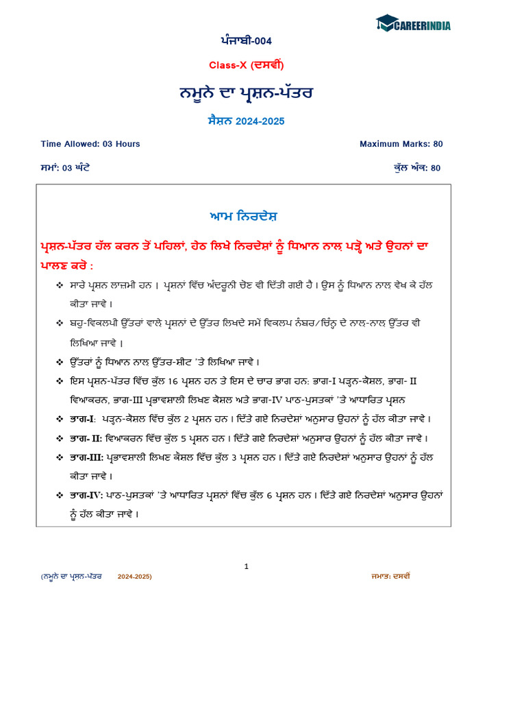 CBSE Class 10 Punjabi Sample Question Paper 2024-25 | PDF