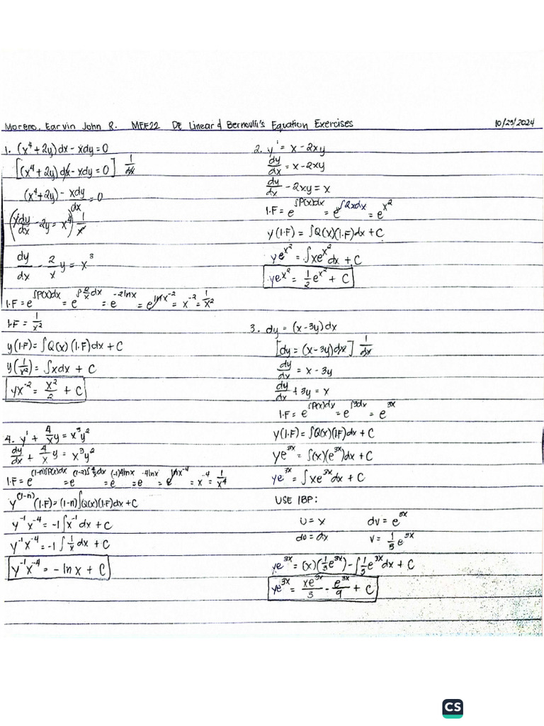 Linear_and_Bernoulli_s_DE_Exercises_-_Moreno | PDF