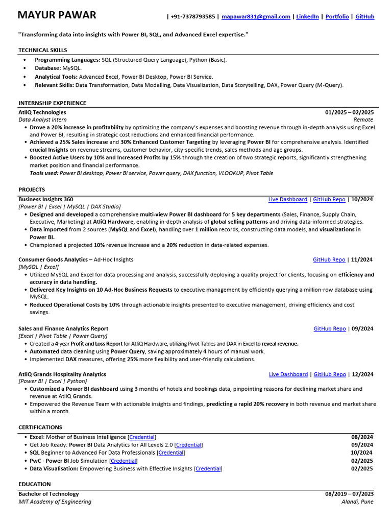 Mayur Pawar - DA - Latest - Old | PDF | My Sql | Microsoft Excel
