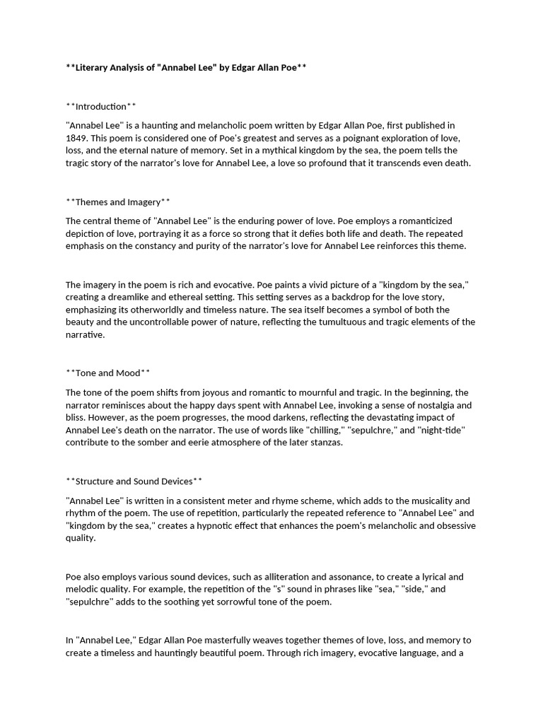 Analysis of Poe's "Annabel Lee" | PDF | Poetry