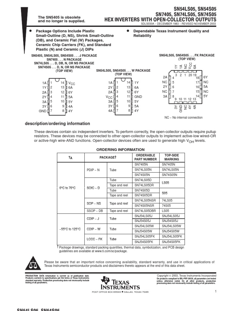 Datasheet Sn74ls05n | Electricity | Electronic Engineering