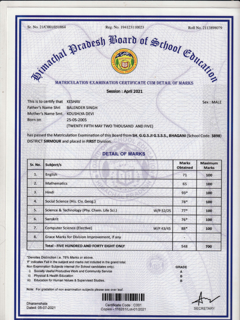 KESHAV 10 MARKSHEET | PDF