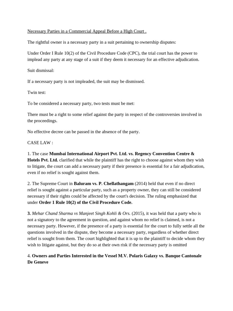 Necessary Parties in a Commercial Appeal Before a High Court | PDF ...