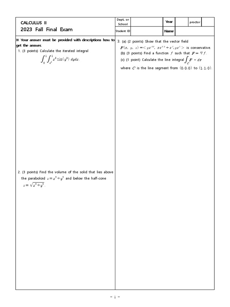 Calculus II 2023 Fall Final Exam | PDF | Multivariable Calculus | Mathematical Analysis