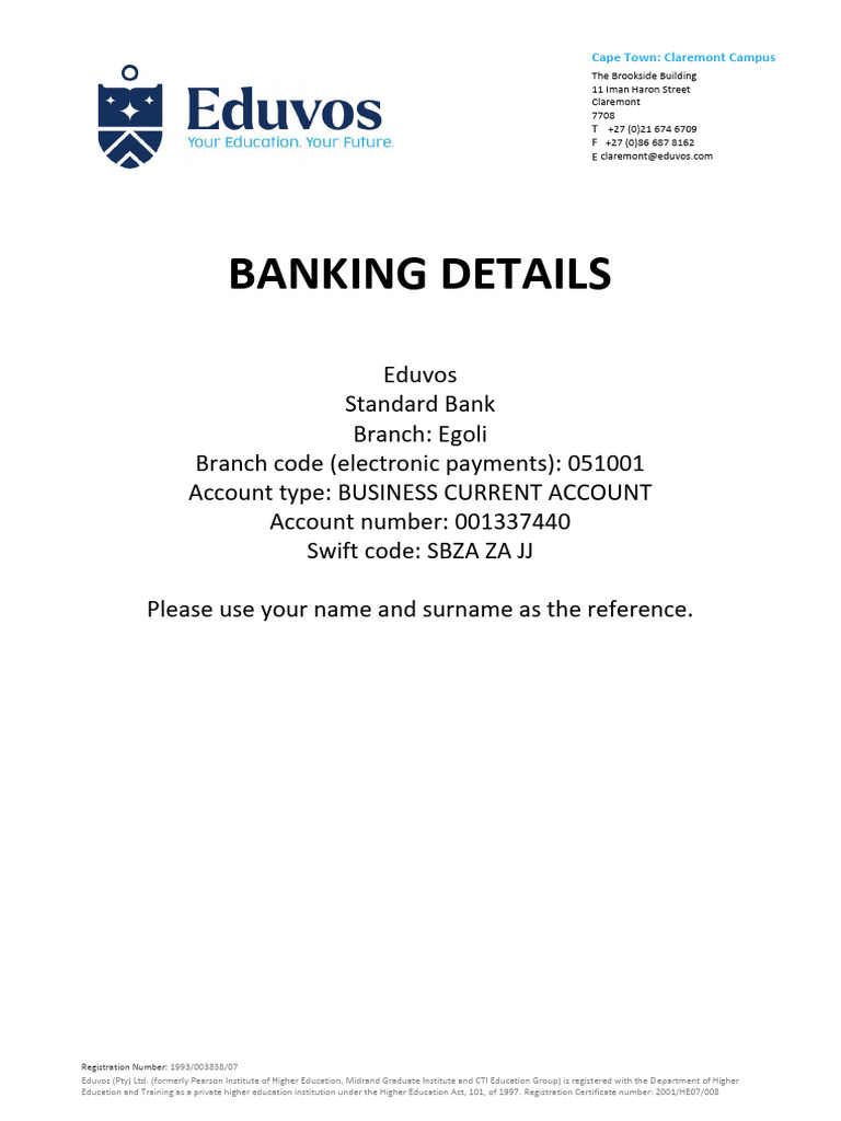 Eduvos Banking Details and Contacts | PDF