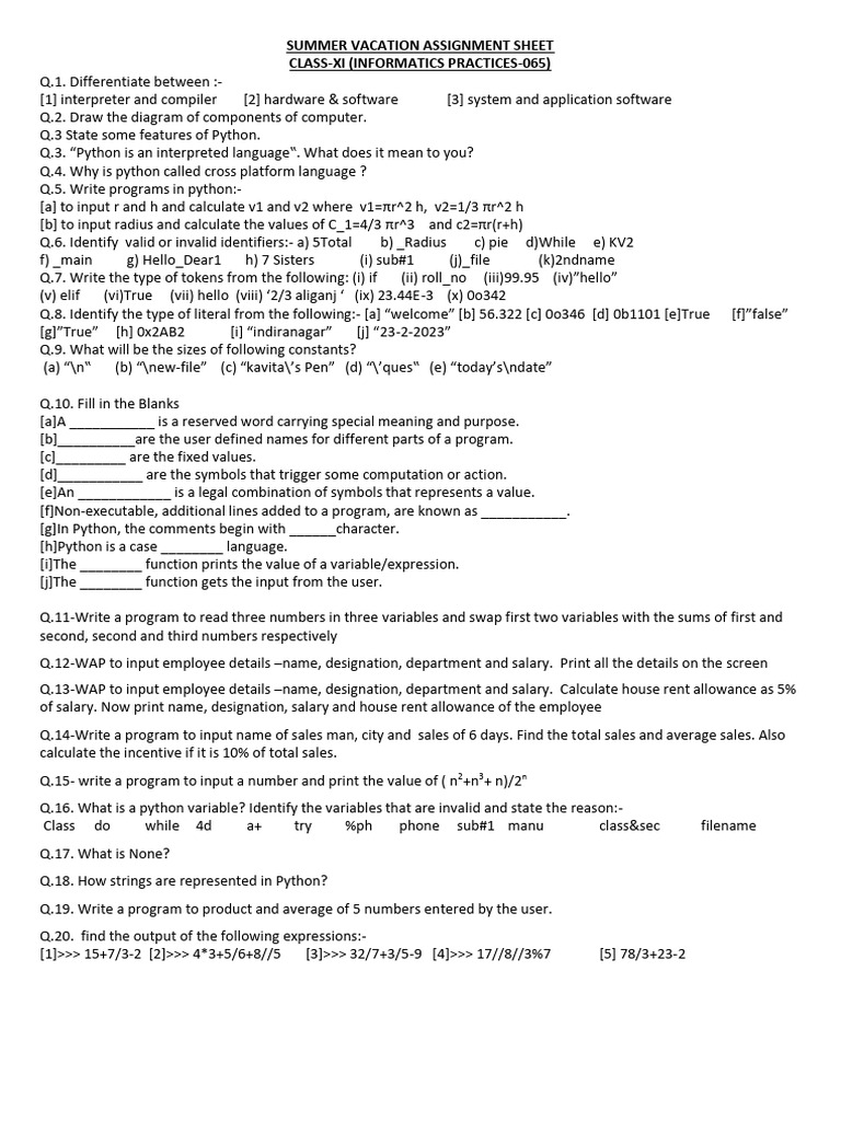 Summer Vacation Assignment | PDF | Function (Mathematics) | Variable ...