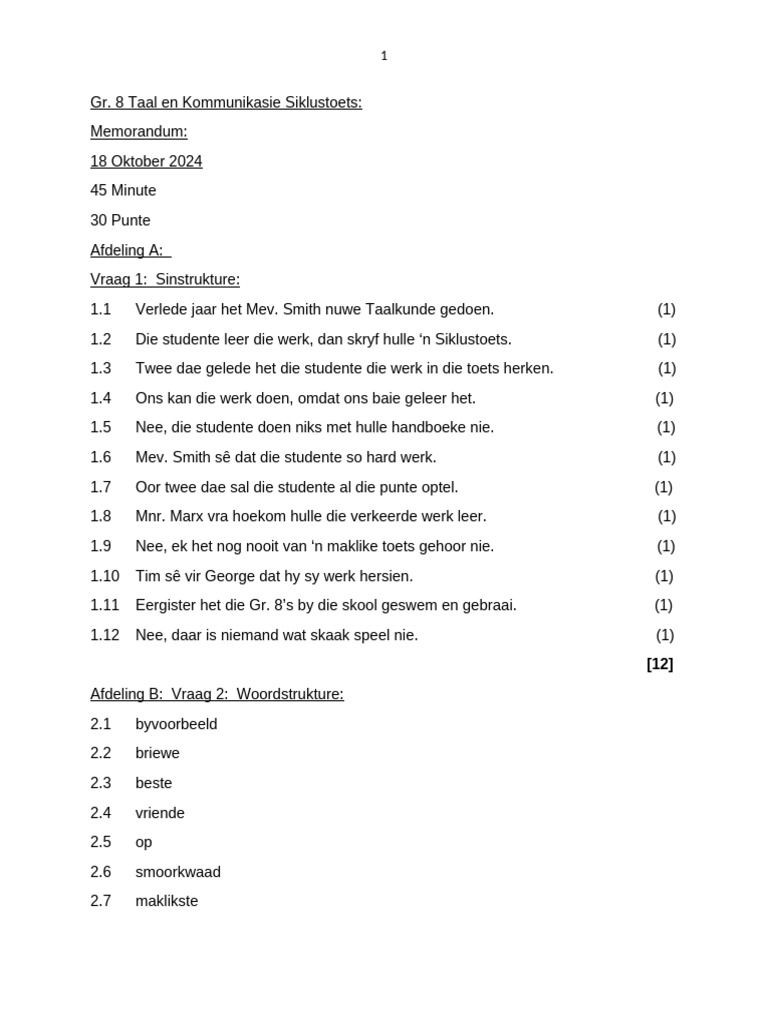 Gr. 8 Taal en Kommunikasie Siklustoets, Memo FINALE | PDF