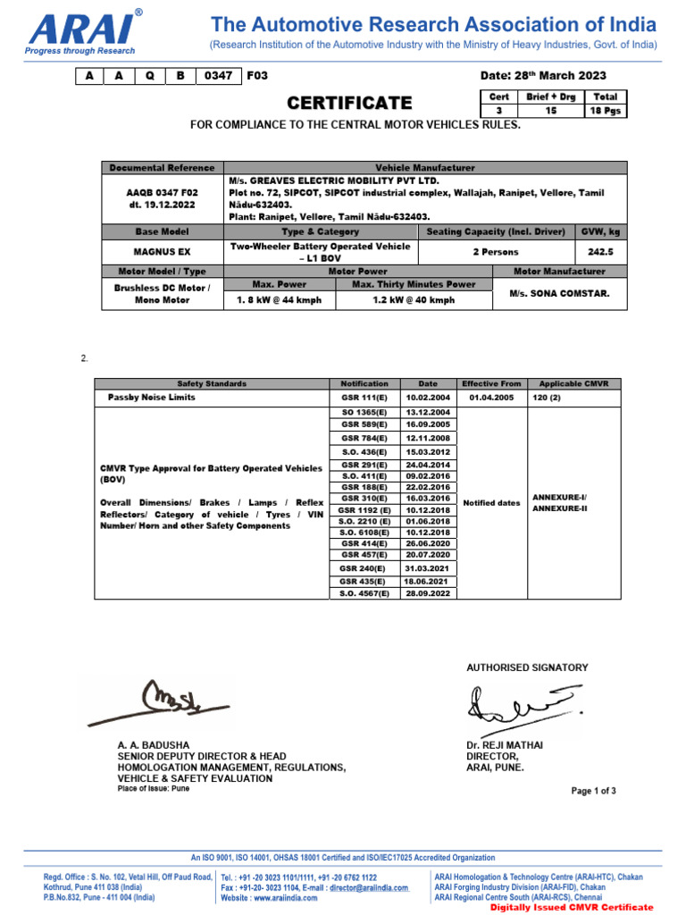 CMVR Certificate - Magnus EX - AIS 156 Phase II | PDF | Vehicles