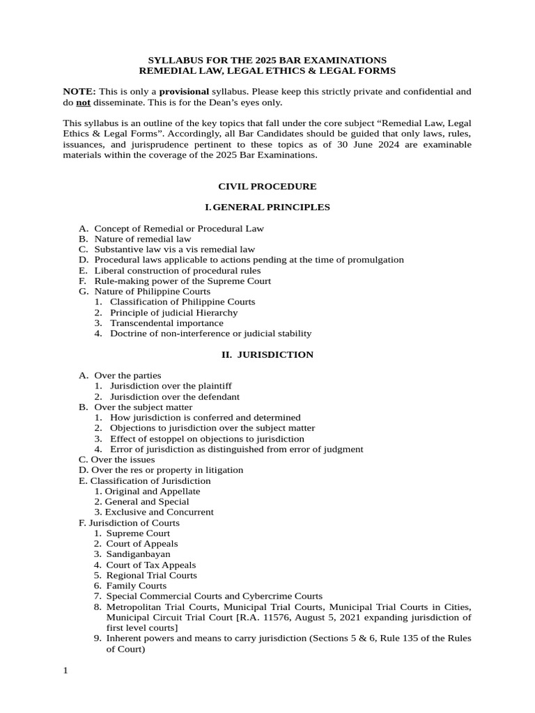 2025 Bar Exam Syllabus: Remedial Law | PDF | Evidence (Law) | Injunction
