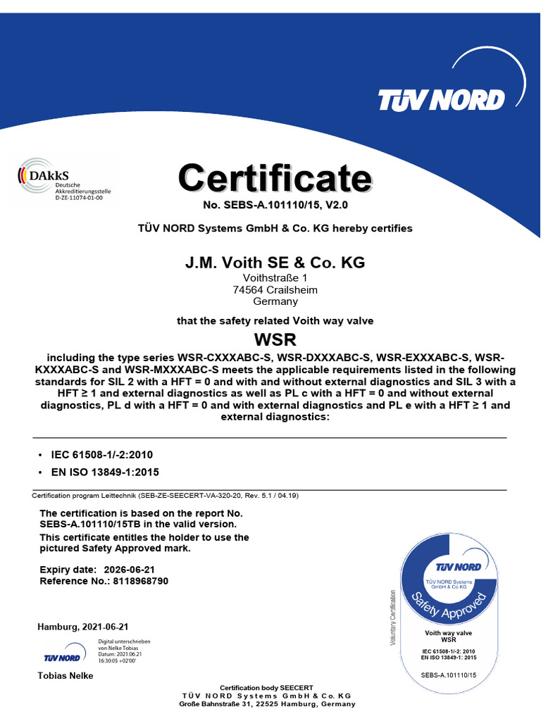 Voith Way Valve WSR Safety Certification | PDF