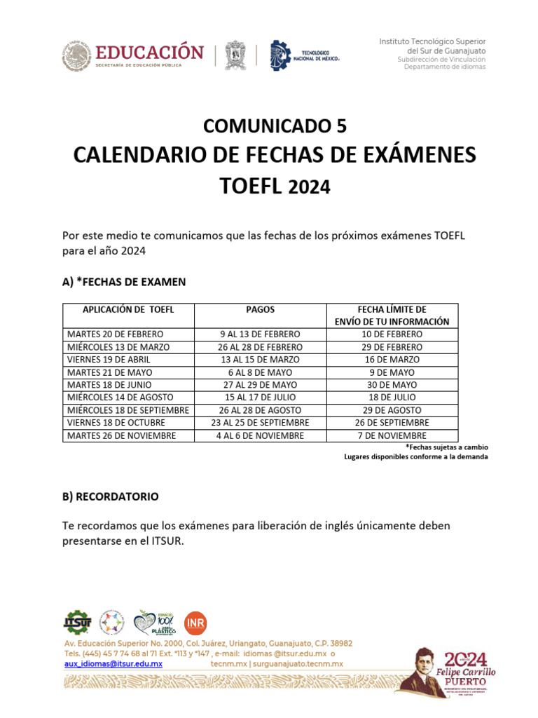 Fechas Exámenes TOEFL 2024 ITSUR | PDF