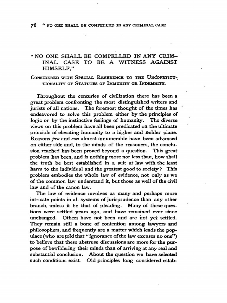 No One Shall Be Compelled in Any Criminal Case To Be A Witness A | PDF ...