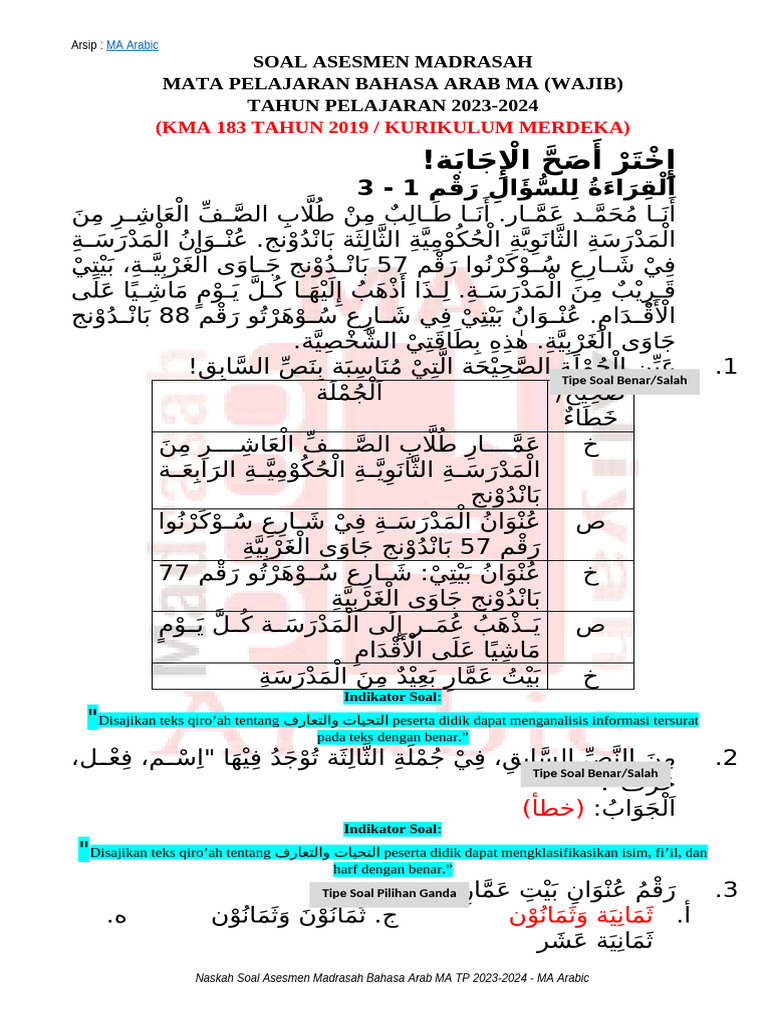 New - Soal Asesmen Madrasah Bahasa Arab Wajib MA TP 2023-2024 - MA Arabic | PDF