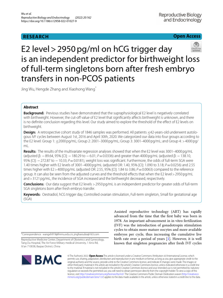 E2 Level More Than 2950pg Per ML On HCG Trigger Day | PDF | In Vitro ...