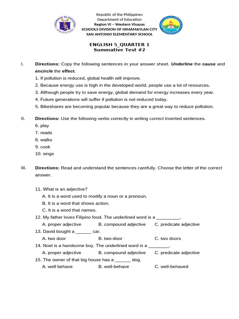 English 5 - Summative Test No.2 Quarter 1 | PDF