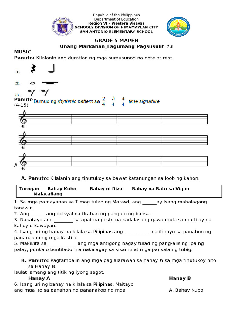 Mapeh 5 - Revised Summative Test No.3 Quarter 1 | PDF