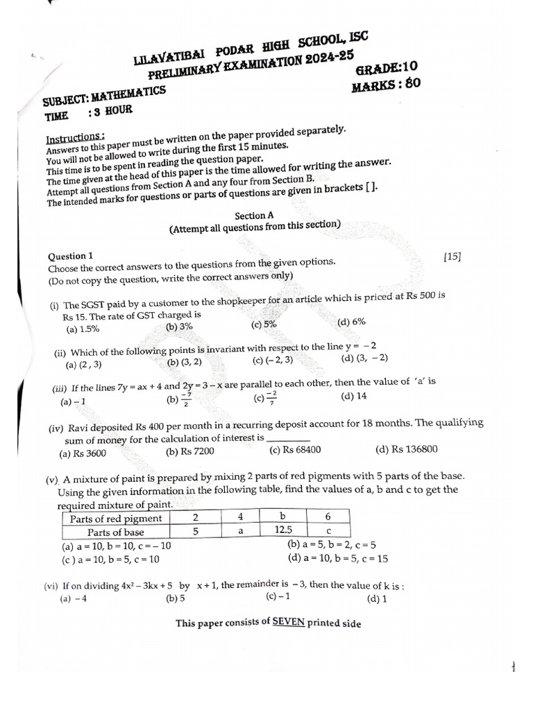 PODAR Maths Prelim 2025 | PDF
