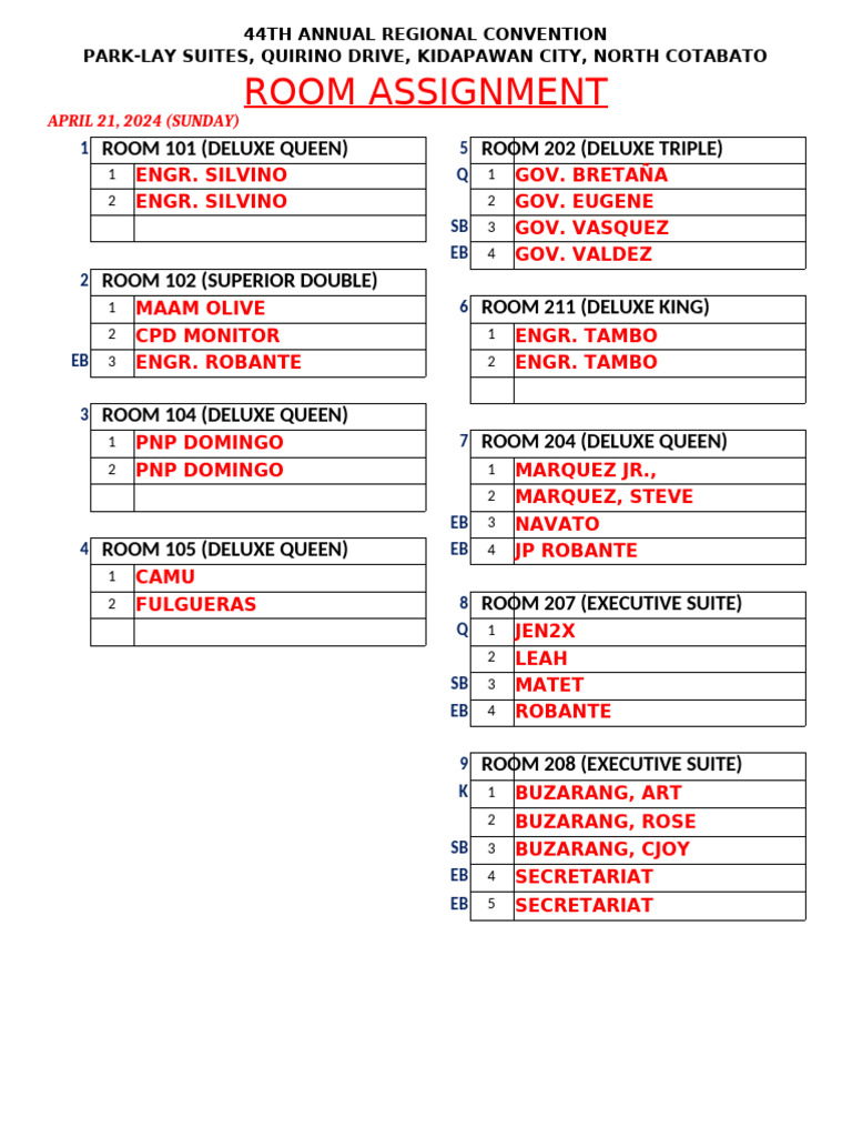44th Annual Regional Convention Room Assignments | PDF